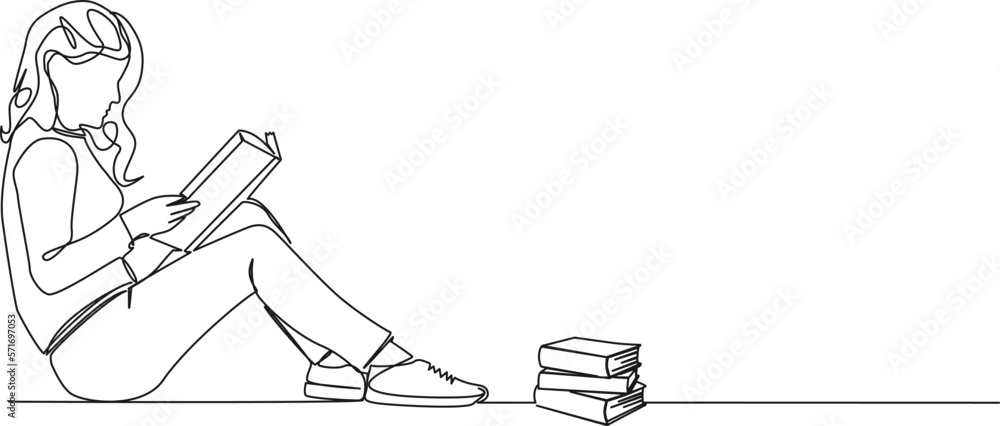 continuous single line drawing of woman sitting on floor reading a book ...