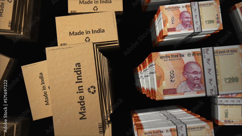Made in India box and India Rupee money pack 3d illustration Stock ...