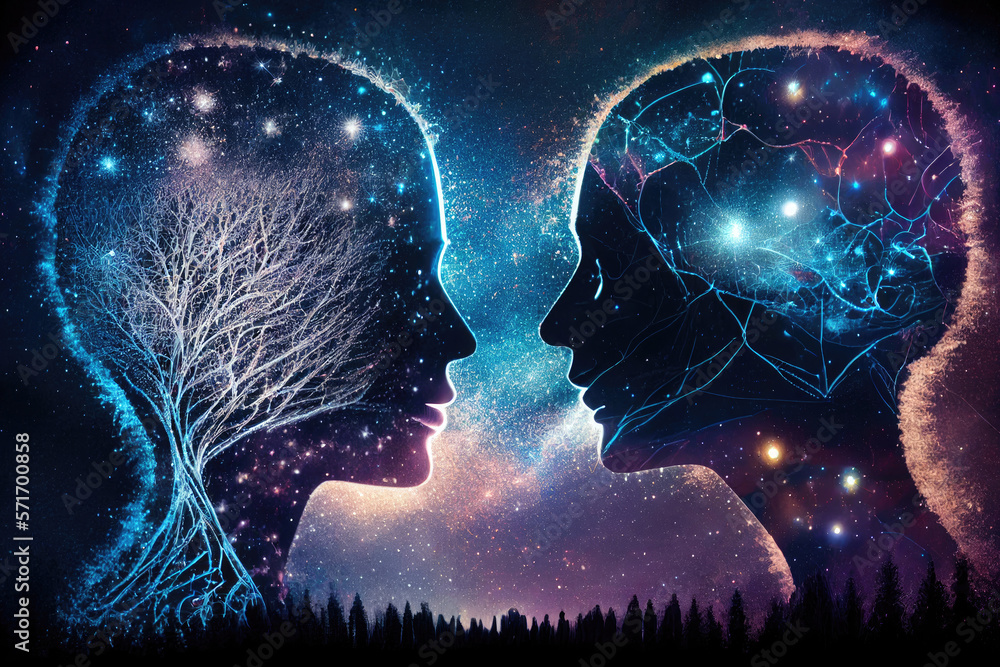 Spiritual connection between people. Couple souls silhouettes on ...