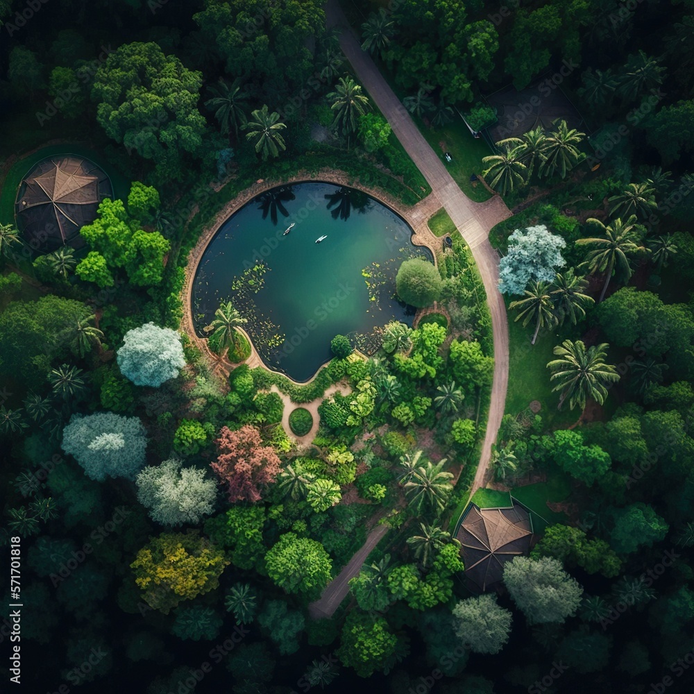 Birds eye view of city park in jungle garden style as, concept of ...