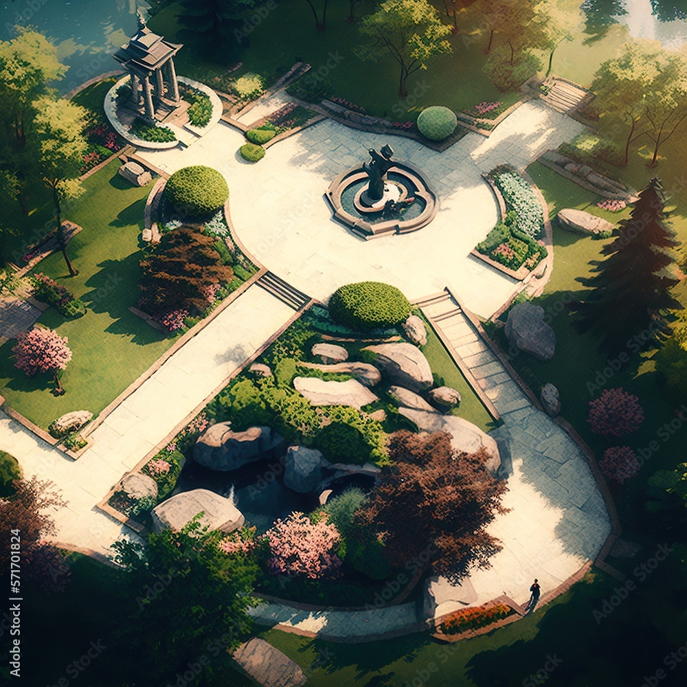 Birds eye view of city park in rock garden style aspe, concept of ...