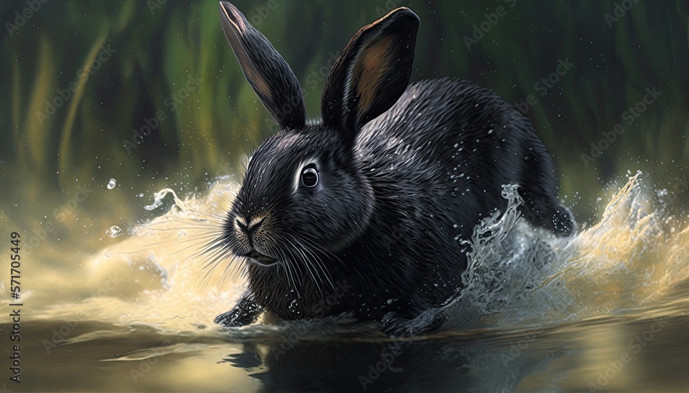 Black rabbit swimming, water rabbit banner, rabbit year illustration ...