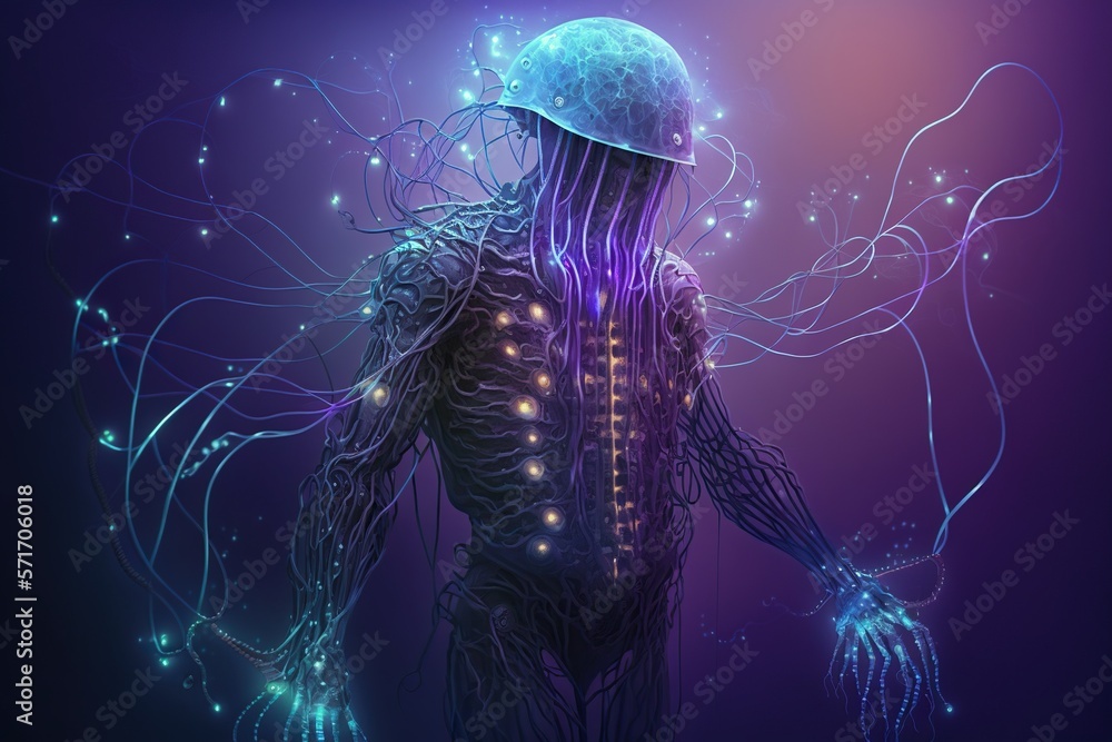Jellyfish man with circuits and microchips glowing, concept of ...