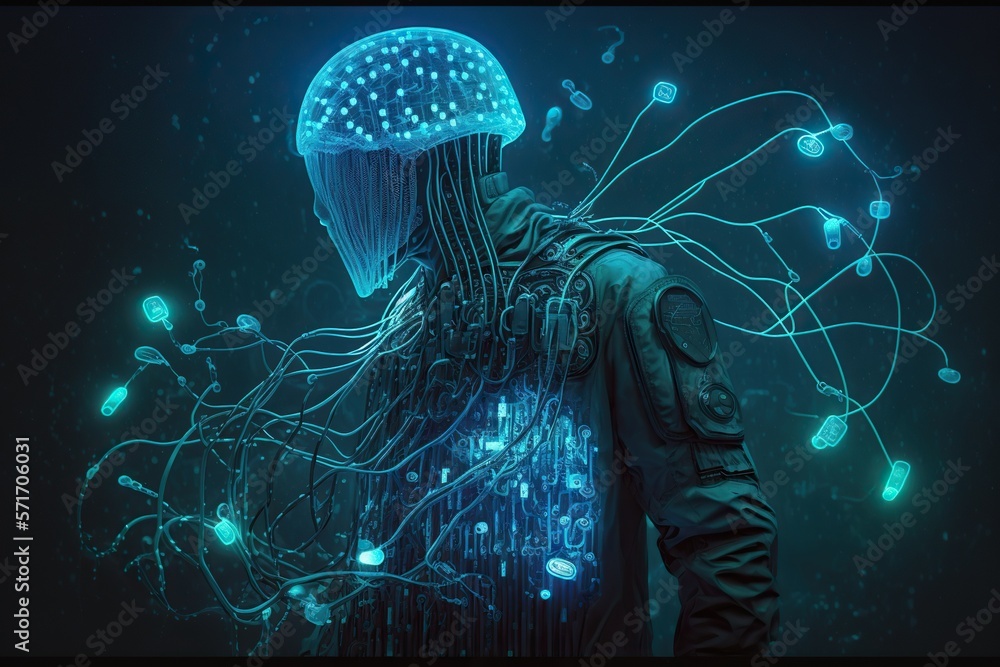 Jellyfish man with circuits and microchips glowing, concept of ...