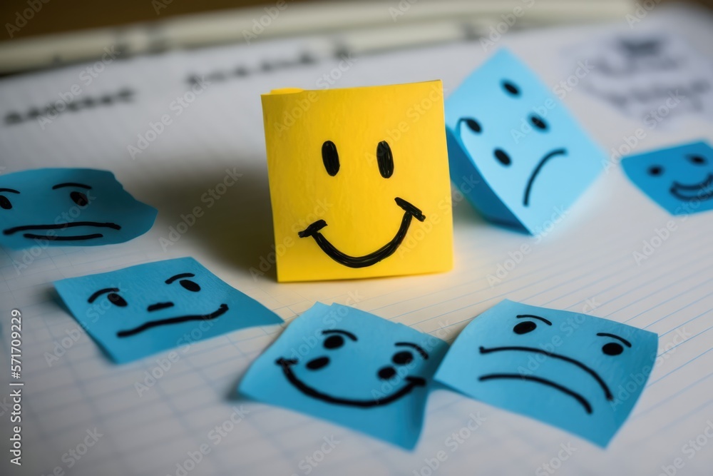 Hand-Drawn Smiley Face Sticky Note Art: Happy vs. Sad Emotions Concept ...
