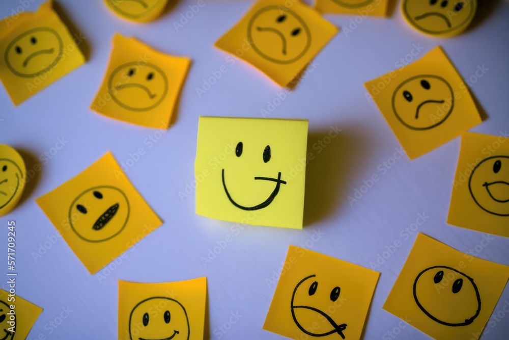 Hand-Drawn Smiley Face Sticky Note Art: Happy vs. Sad Emotions Concept ...