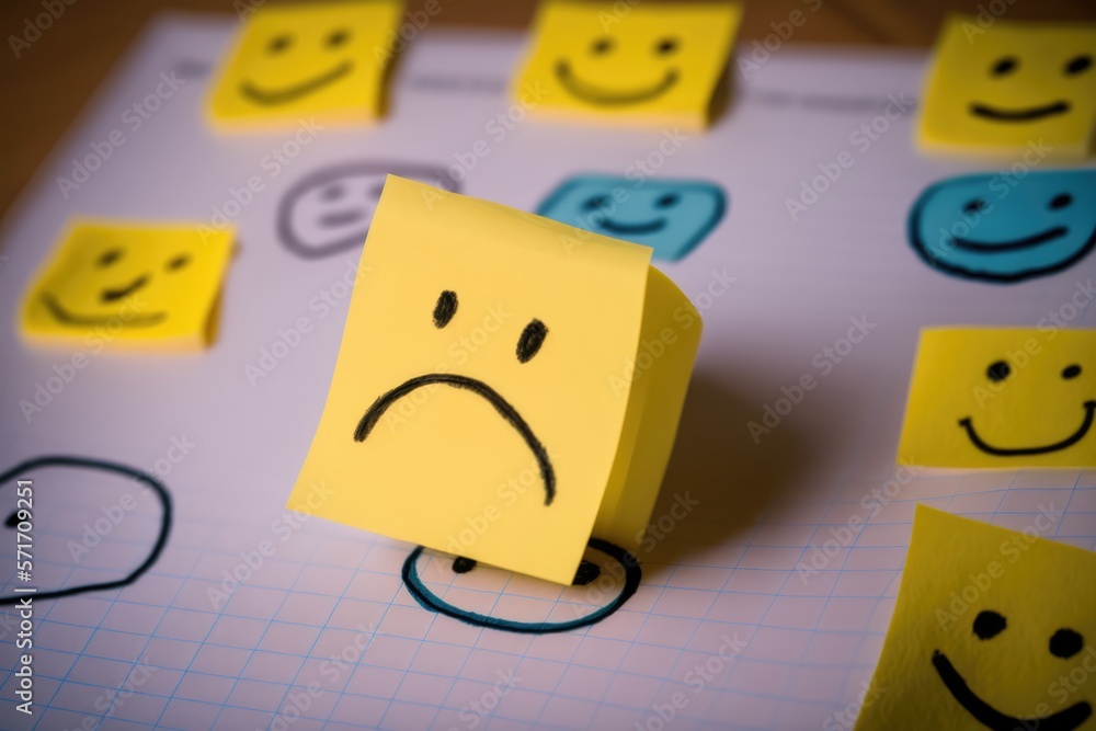 Hand-Drawn Smiley Face Sticky Note Art: Happy vs. Sad Emotions Concept ...