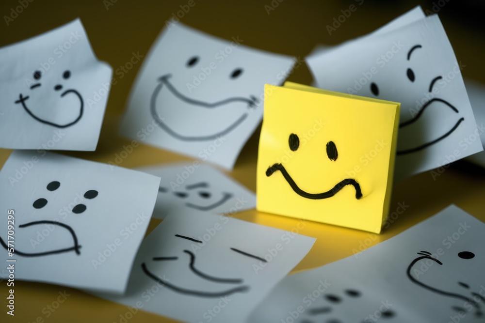 Hand-Drawn Smiley Face Sticky Note Art: Happy vs. Sad Emotions Concept ...