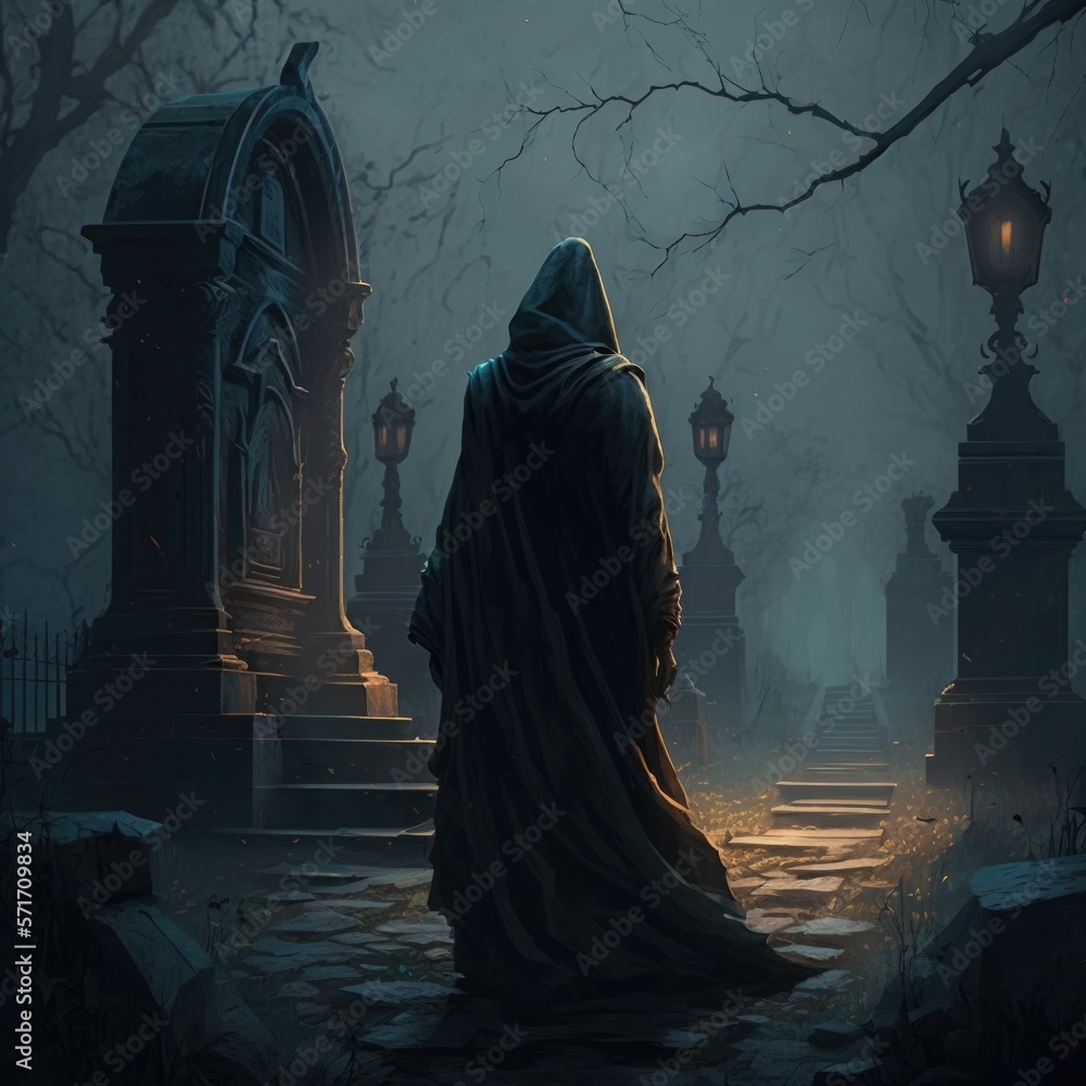 mysterious cloaked figure wandering a cursed graveyard, fantasy art, AI ...