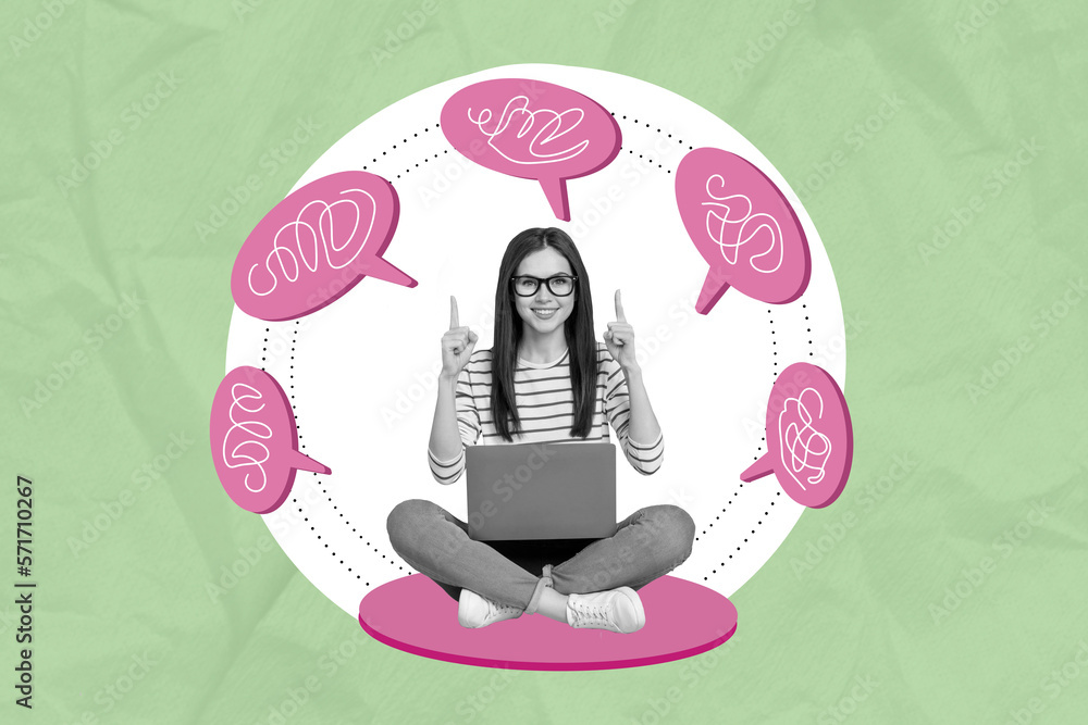 Photo cartoon comics sketch collage picture of happy smiling lady ...