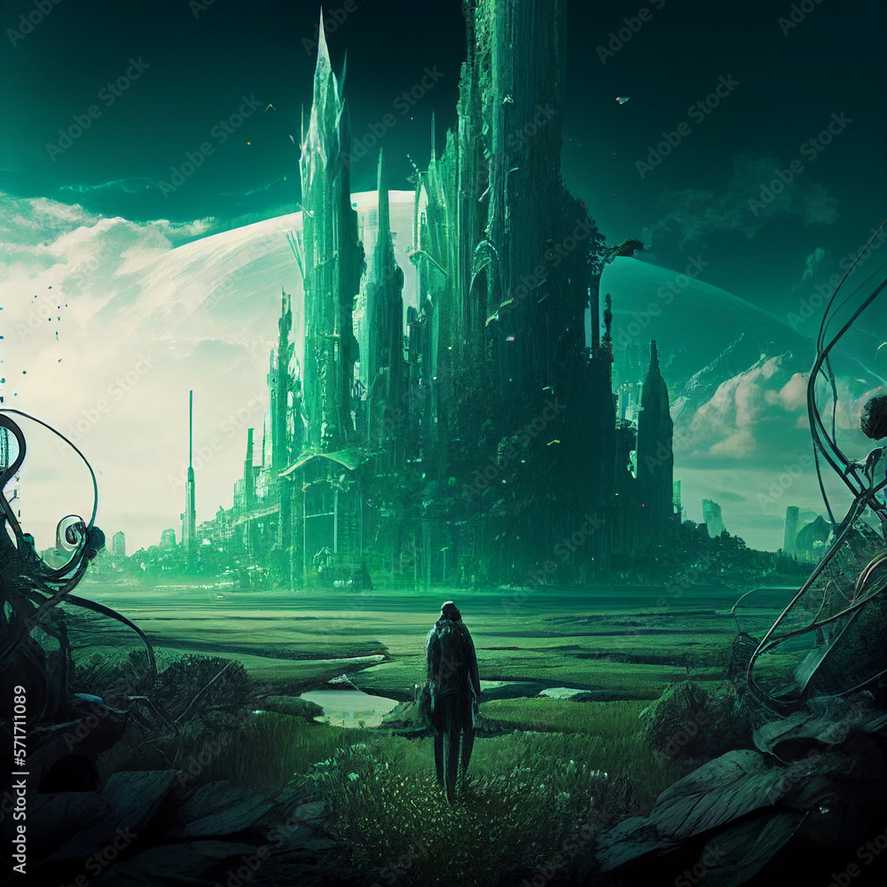 Emerald City, a fantastic city with houses and streets of green emerald ...