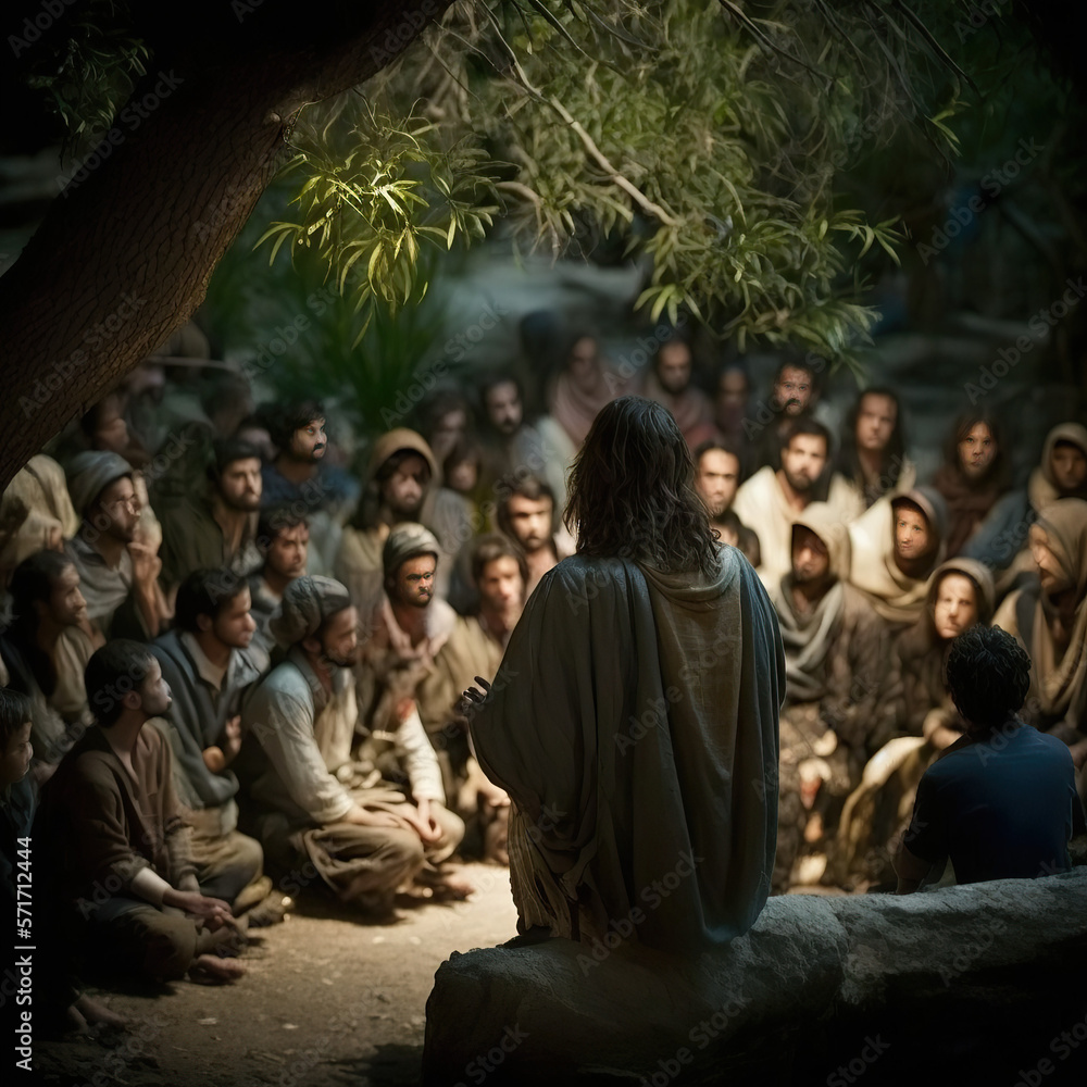 Jesus Teaching on top of the rock in the mountains, Sermon of the ...