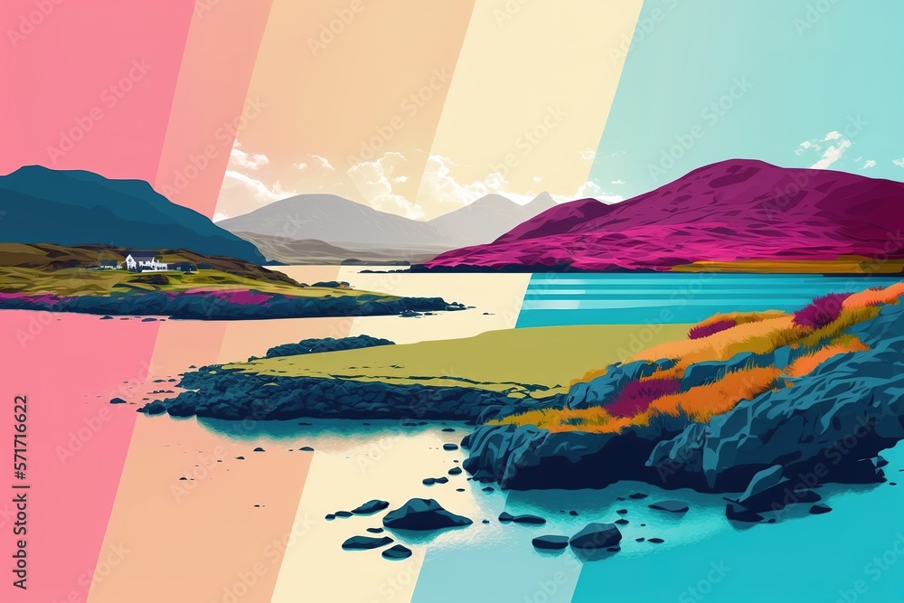 Colorful illustration banner of the Ring of Kerry in Ireland. Travel ...