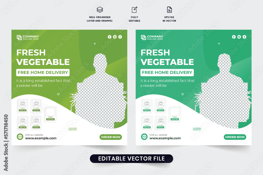 Vegetable delivery social media post vector with photo placeholders for ...