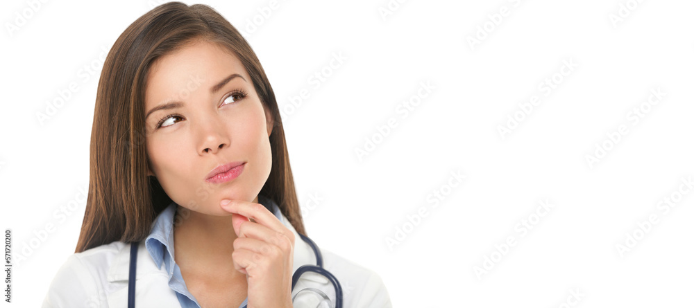 Thinking medical doctor woman looking up contemplative and thoughtful ...