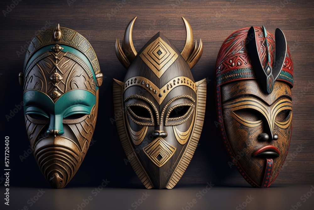 Wooden handmade African tribal masks in traditional patterns and colors ...