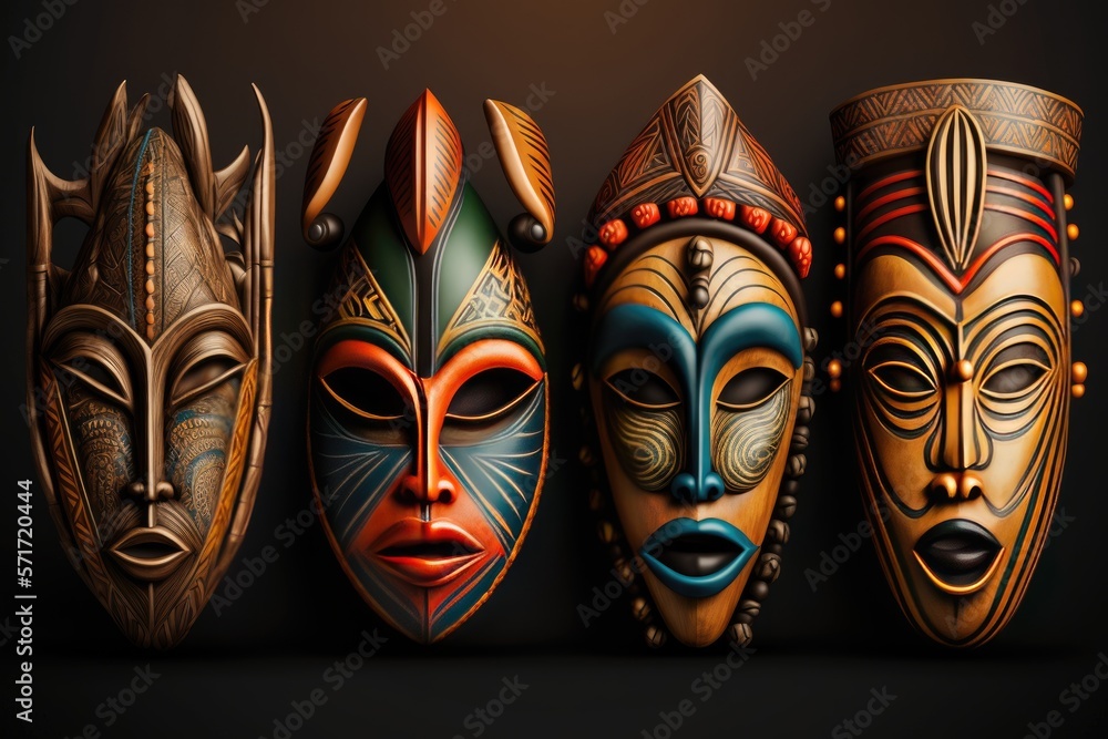 Wooden handmade African tribal masks in traditional patterns and colors ...