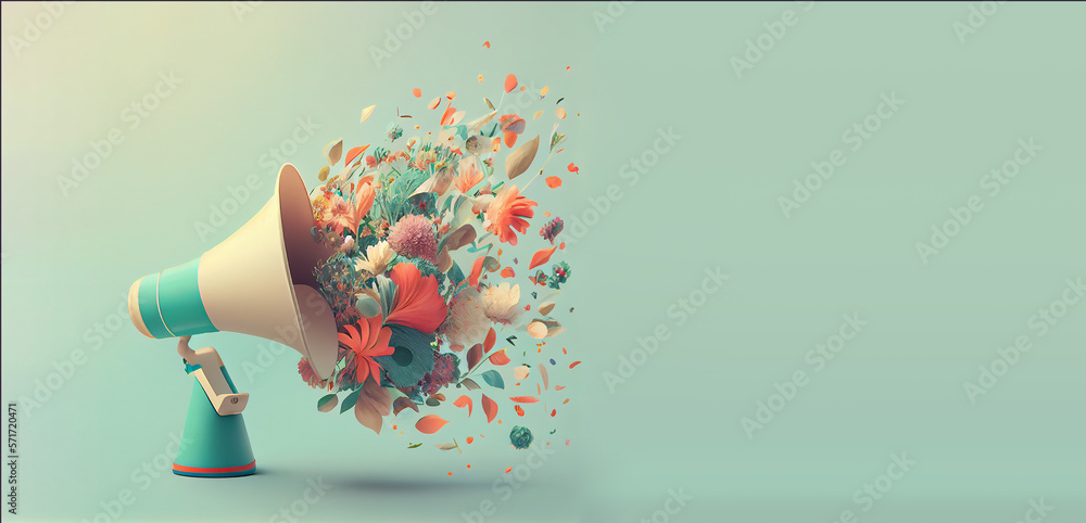 Megaphone with colorful pastel summer flowers, advertising and ...