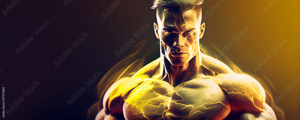Strong muscular shirtless man pose on yellow background with copy space ...