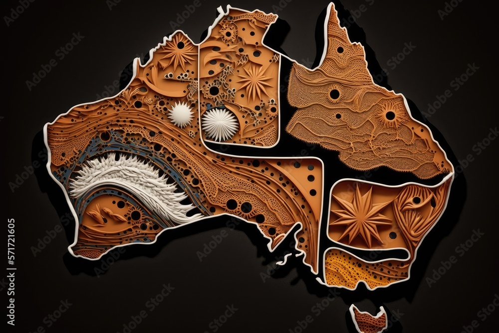Australian outline in tribal pattern, map of australia in de colours ...