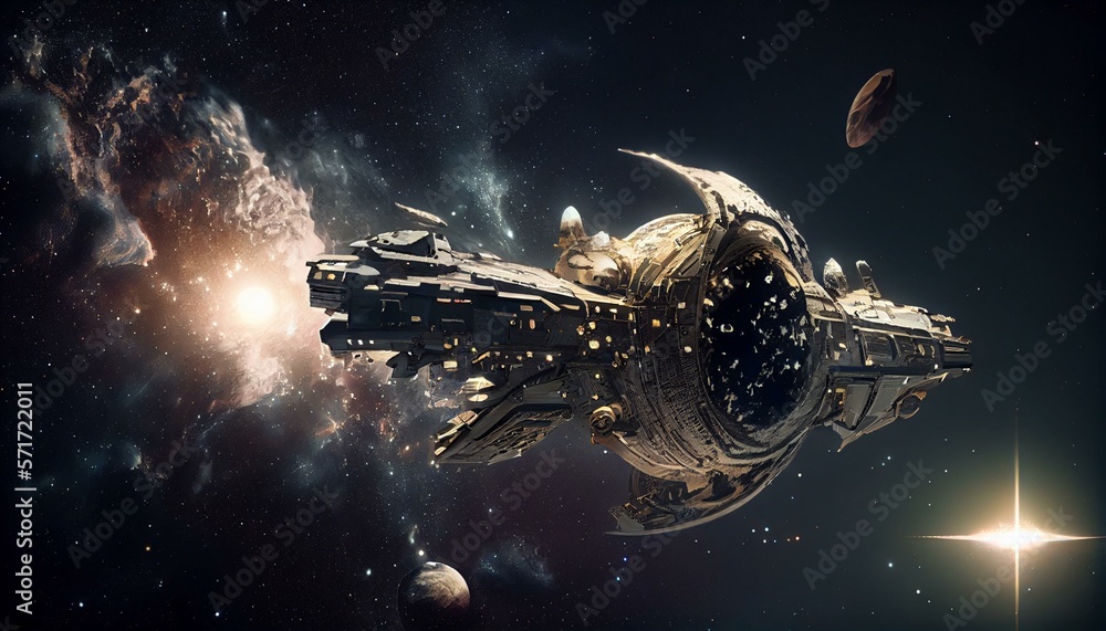 spacecraft drifting through stars deep in space to a lost planet ...