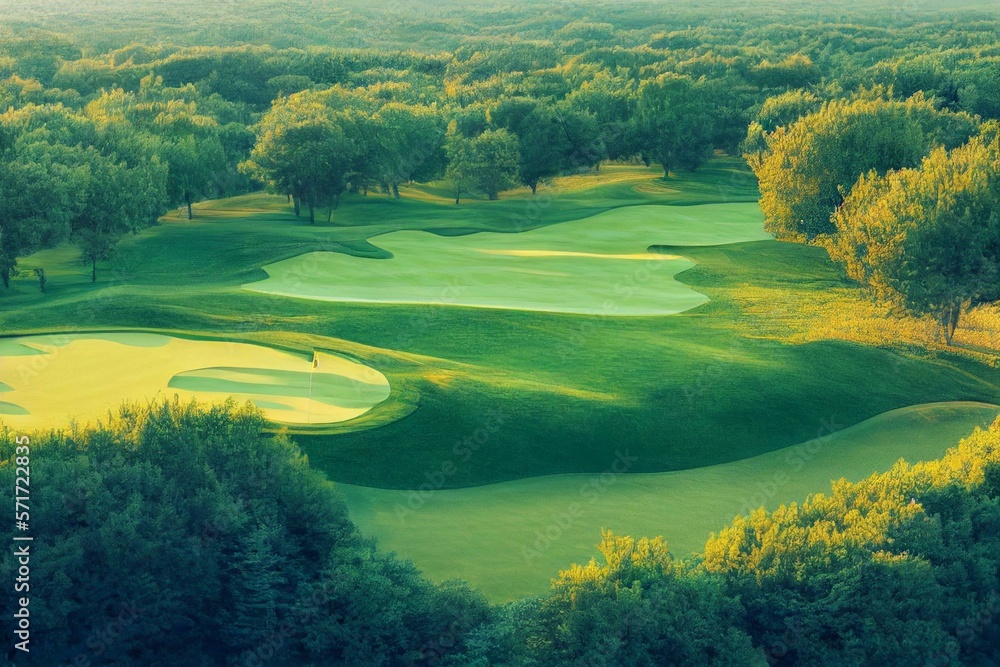 Golf Field Background. Aerial view of green grass and trees on a golf ...