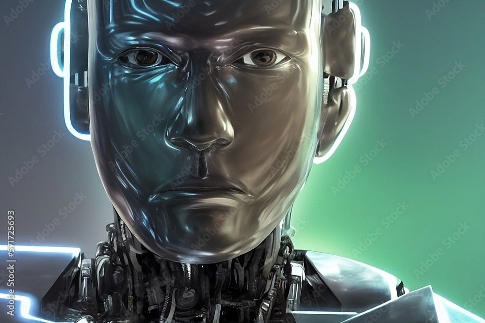 artificial intelligence robot face, android close-up, machine learning ...