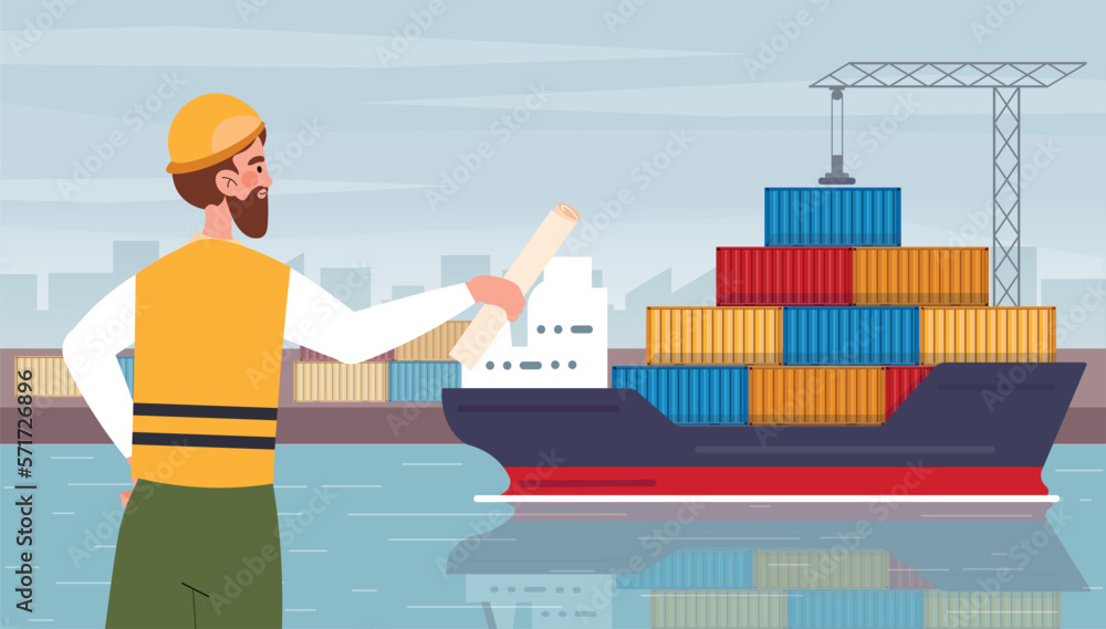 Cargo ship port banner. Man looks at ship with colorful containers ...