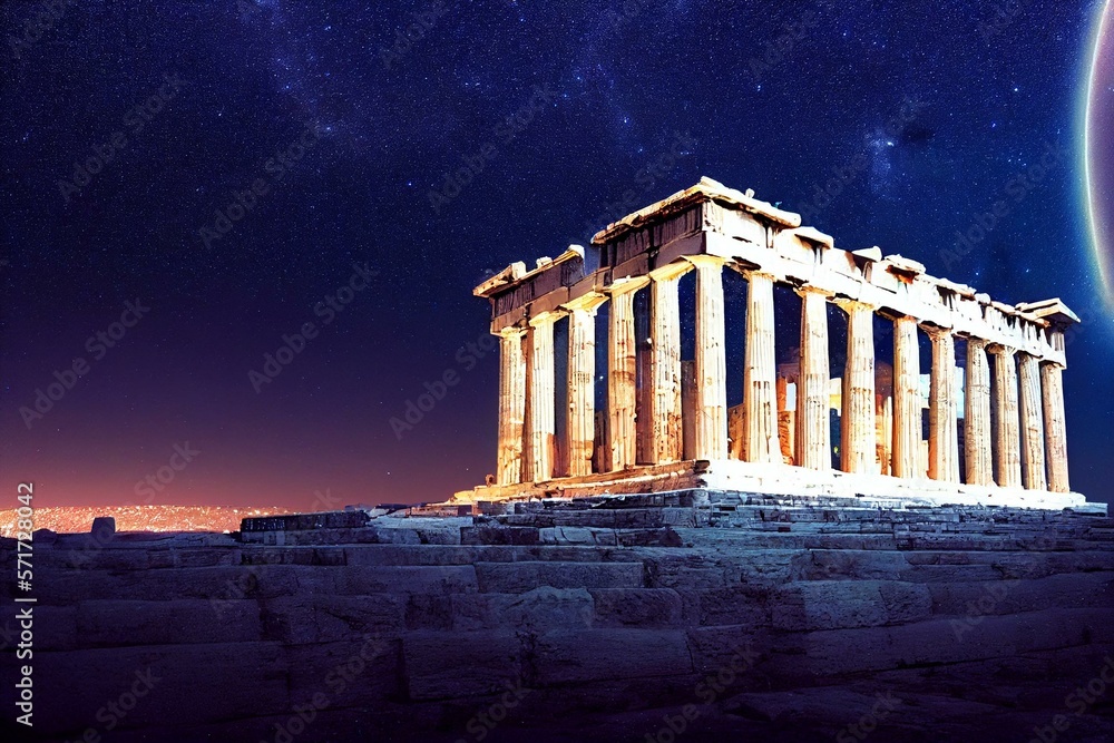Athens at night, Greece. Fantasy view of Parthenon on Milky Way ...