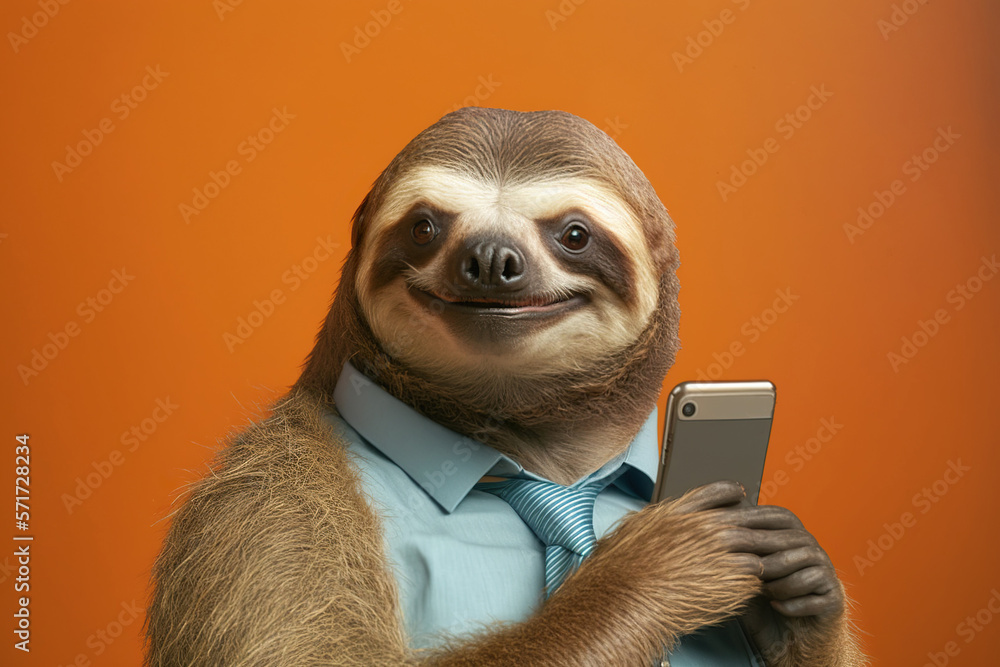 Studio photo portrait of a happy sloth holding a phone, concept of ...