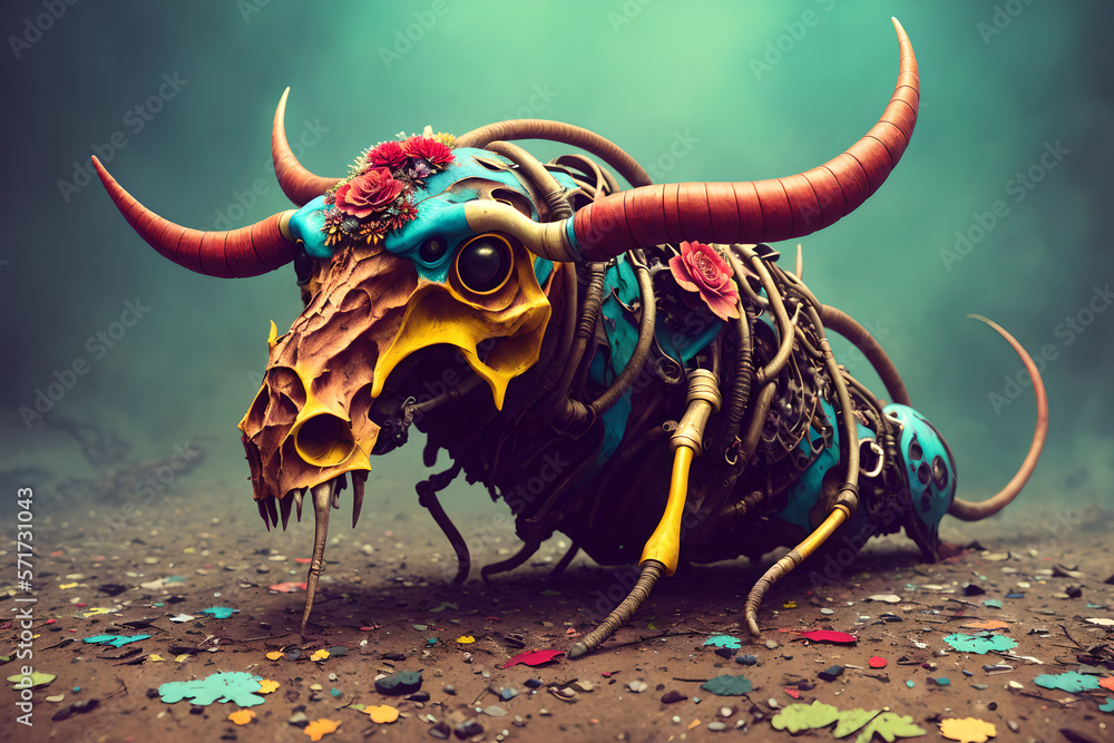 Hellish monster with fangs and horns, rotted flesh, empty eye sockets ...