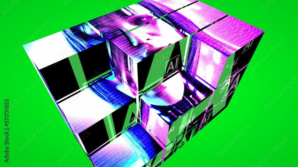 Digital human face on cube artificial intelligence concept on green ...