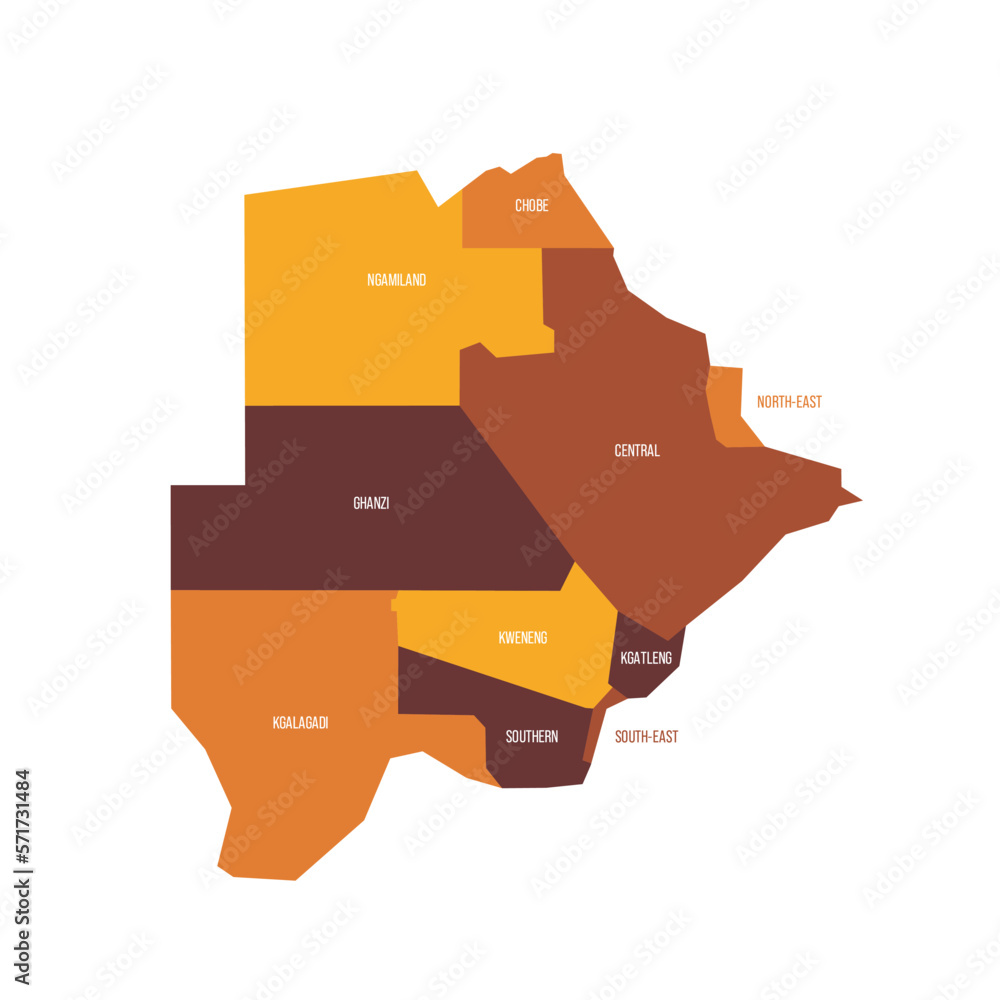 Botswana political map of administrative divisions - rural and urban ...