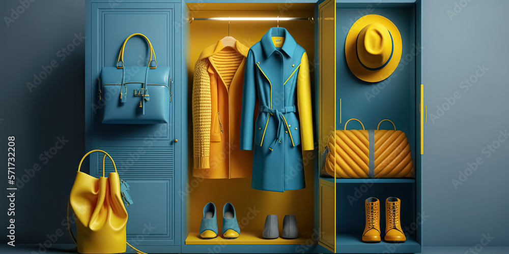 Modern wardrobe with stylish yellow blue female clothes and accessories ...