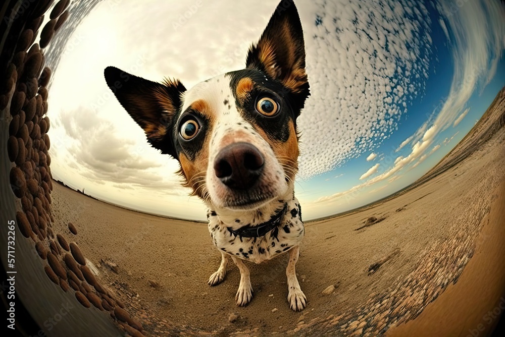 Funny scared dog with big eyes - wide fish eye perspective close up. AI ...