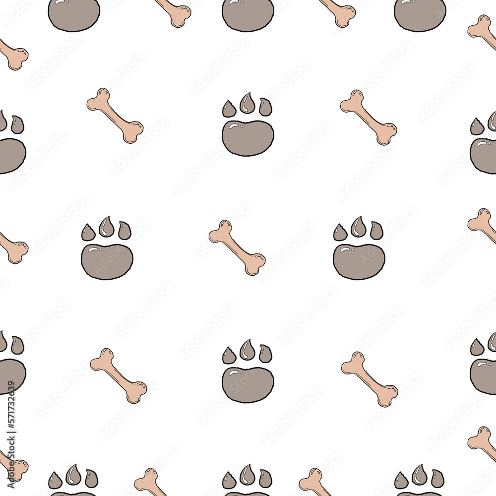 Cute paw prints, bones doodle seamless pattern. Colorful and funny paw ...