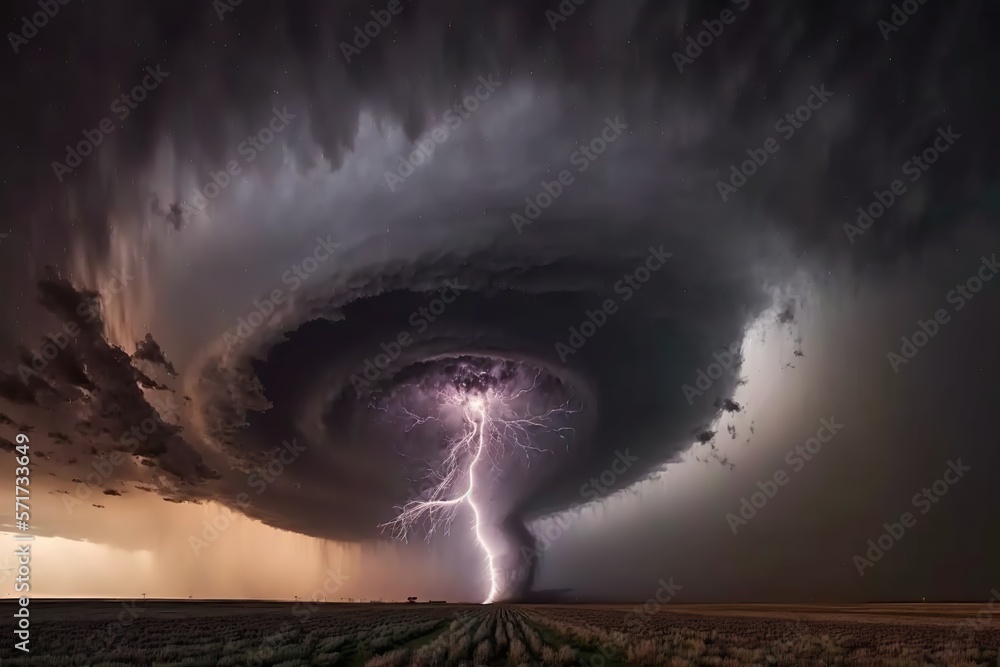 Tornado twisting across flat prairie surrounded by dark clouds and ...