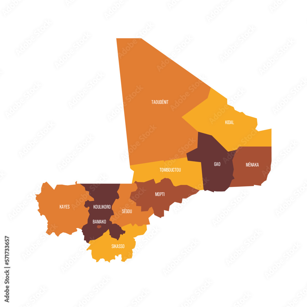 Mali political map of administrative divisions - regions and capital district of Bamako. Flat ...