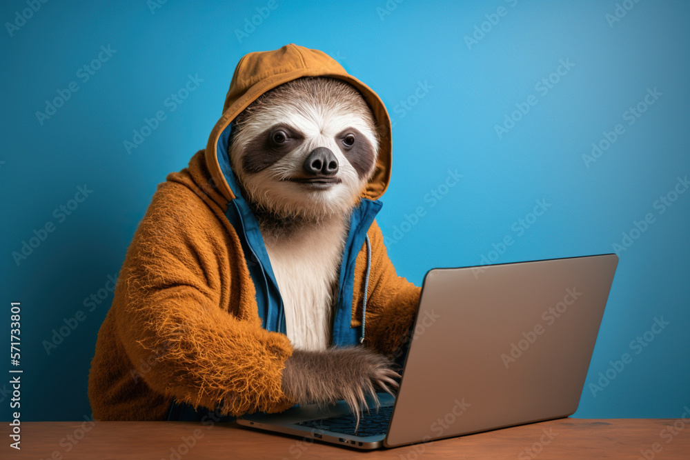 Studio photo portrait of a happy sloth in hipster clothes with laptop ...