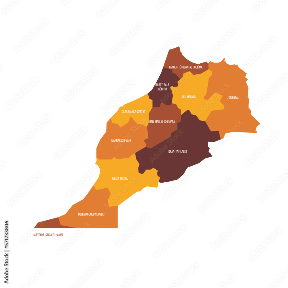 Morocco political map of administrative divisions - regions. Flat vector map with name labels ...