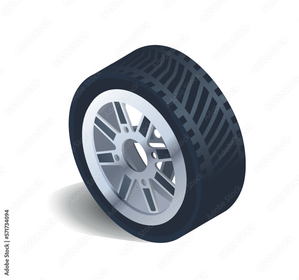 Car tire concept. Wheel for transport, aluminum and rubber round one ...