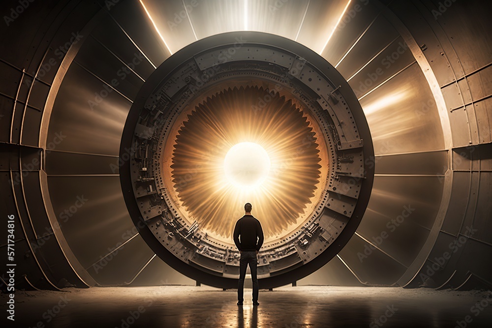 Ilustrace „Person standing in front of large particle accelerator ...