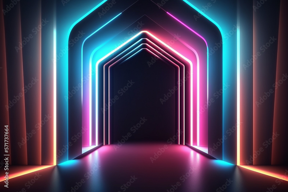 Abstract neon lights tunel background with pink and blue laser rays ...