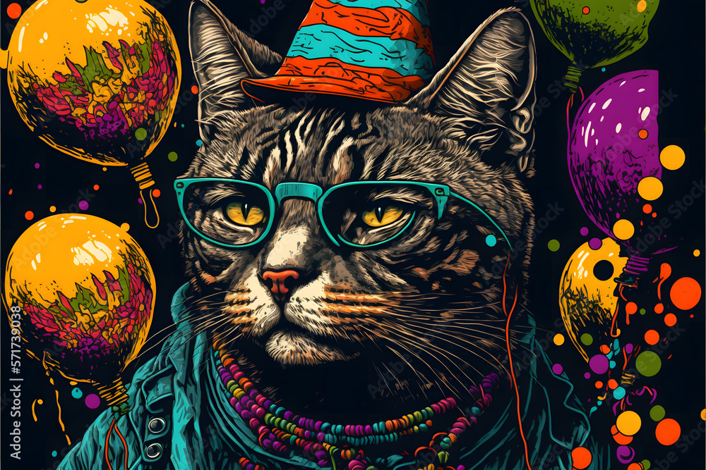 Cat on party created with generative AI technology Stock Illustration ...