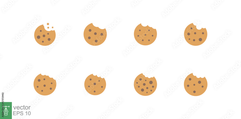 Set of cookies with chocolate crisps bitten icon. Simple cartoon flat ...