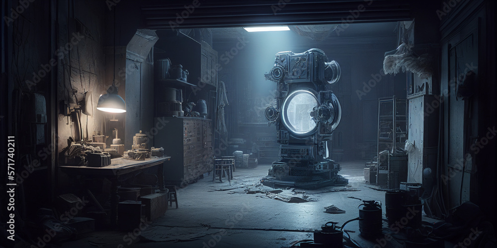 time portal machine build in the garage, science fiction digital ...