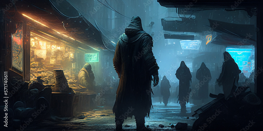 stranger walking through crowded blackmarket in cyberpunk megacity on ...