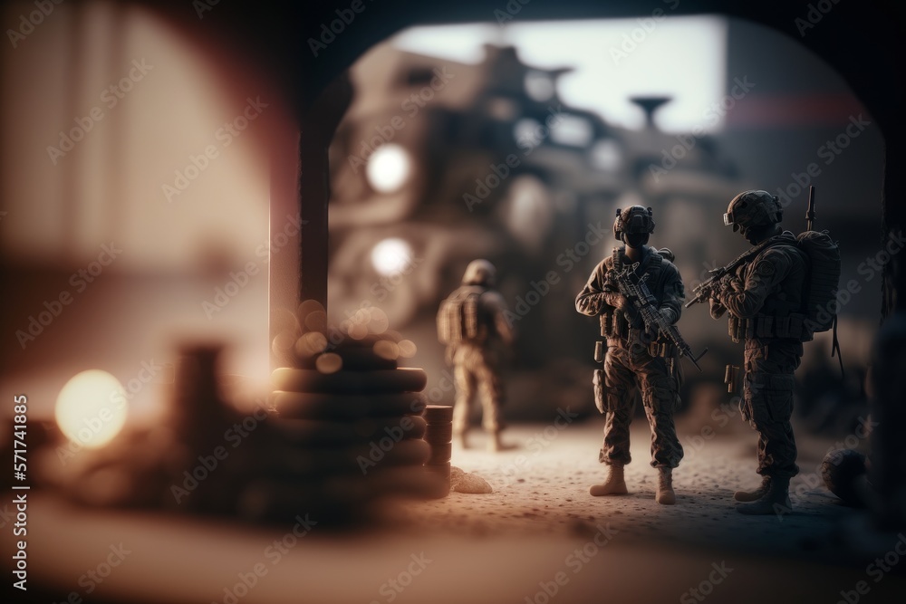 Immersive Future Army Base: Soldiers on Guard at Entrance, Bokeh ...