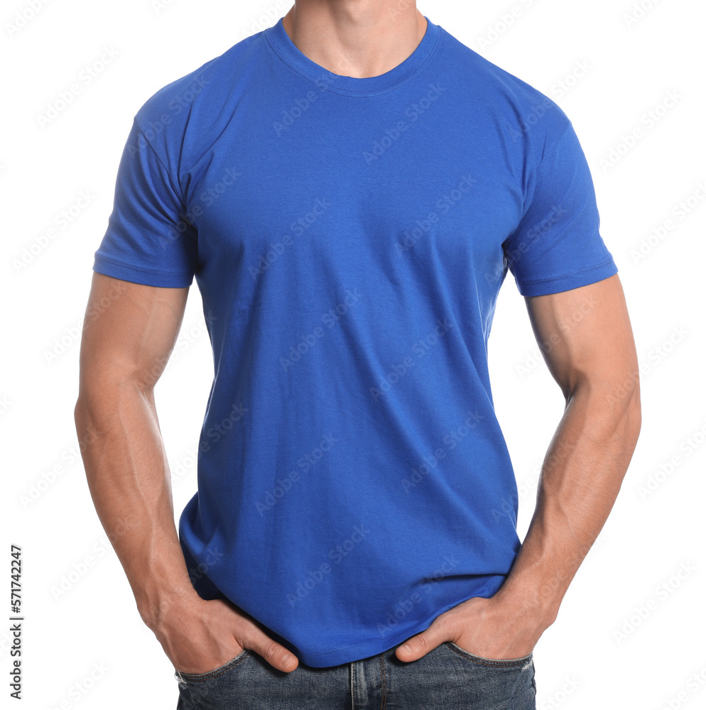 Man wearing blue t-shirt on white background, closeup. Mockup for ...
