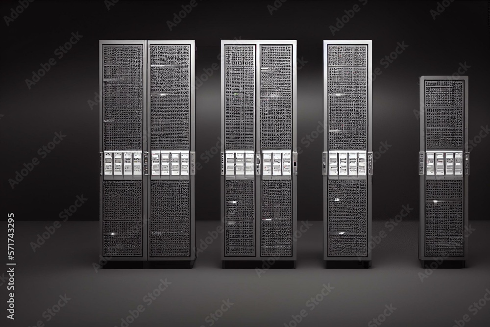 server rack with fiber optic cables attached to front panel switch ...